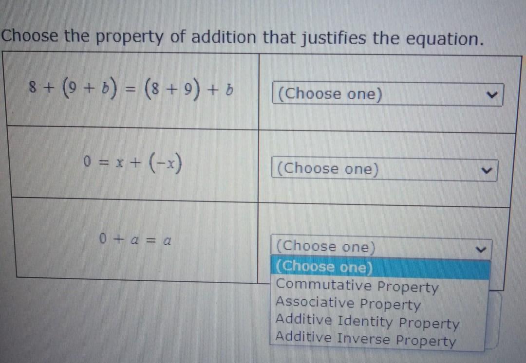 Solved Choose the property of addition that justifies the | Chegg.com