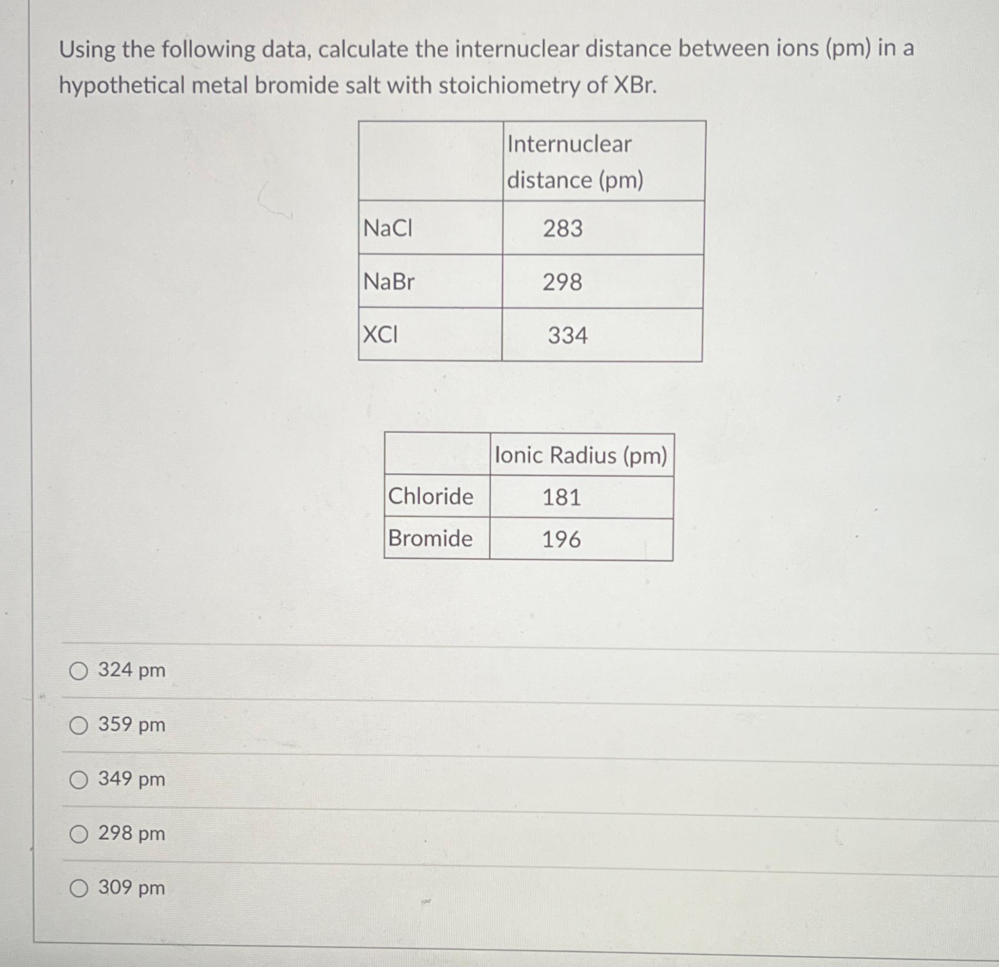 Solved Using the following data, calculate the internuclear | Chegg.com