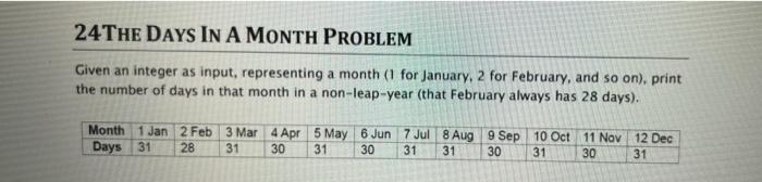 Solved 24THE DAYS IN A MONTH PROBLEM Given an integer as | Chegg.com