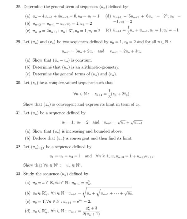 Solved 1 28. Determine the general term of sequences (un) | Chegg.com
