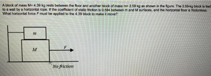 Solved A block of mass M=4.39 kg rests between the floor and | Chegg.com