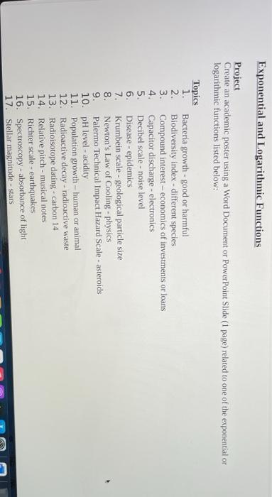 Solved Exponential and Logarithmic Functions Project Create | Chegg.com