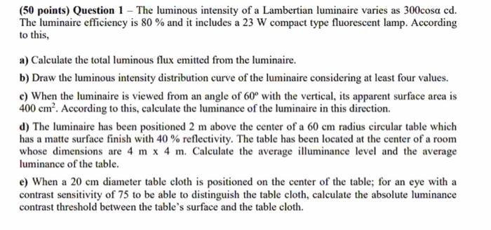 Solved (50 points) Question 1 - The luminous intensity of a | Chegg.com