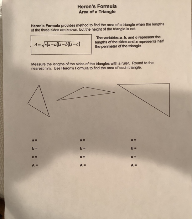 Heron's Formula Area of a Triangle Heron's Formula | Chegg.com