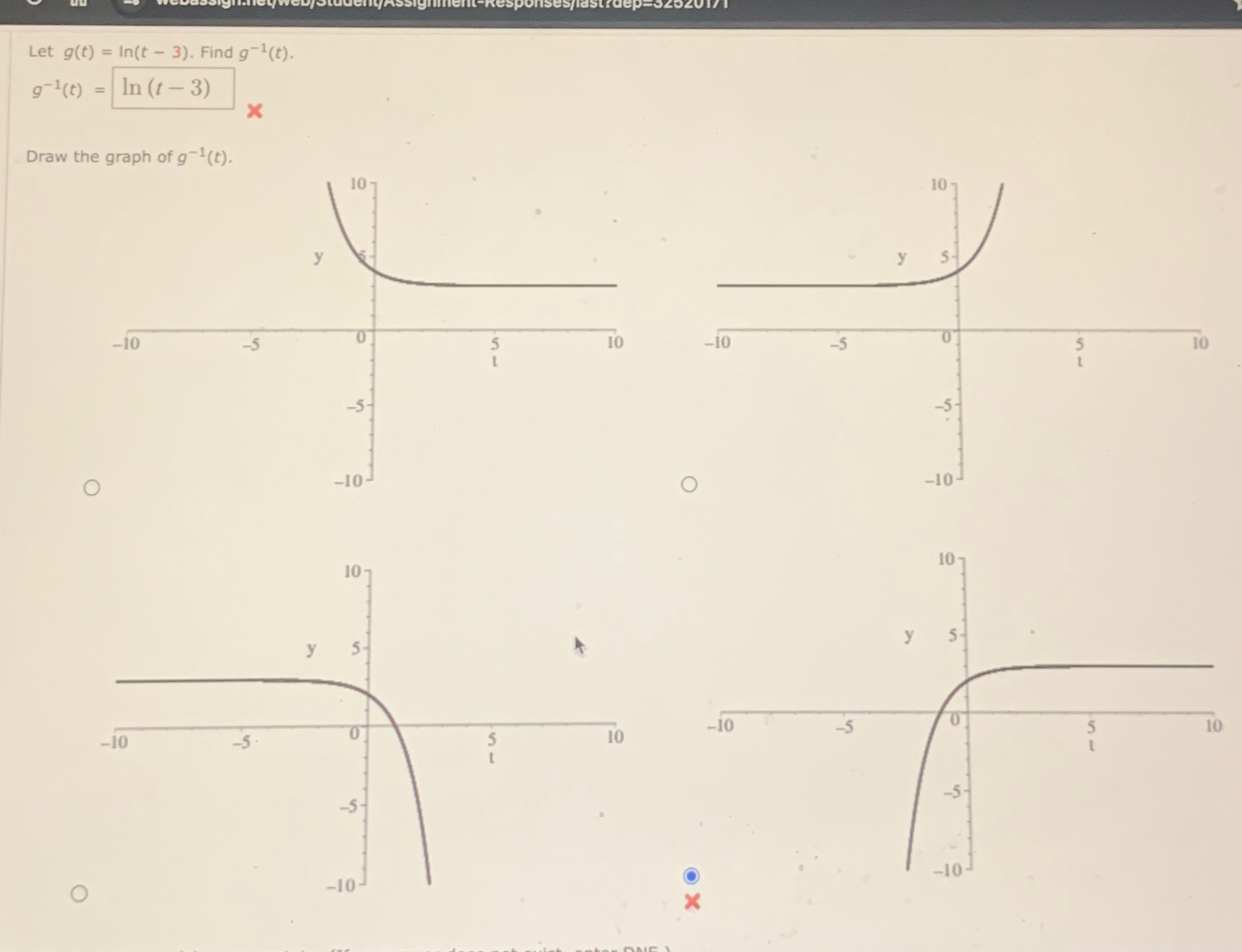 Solved Let g(t)=ln(t-3). Find g-1(t).g-1(t)=Draw the graph | Chegg.com Solved Let g(t)=ln(t-3). Find g-1(t).g-1(t)=Draw the graph | Chegg.com