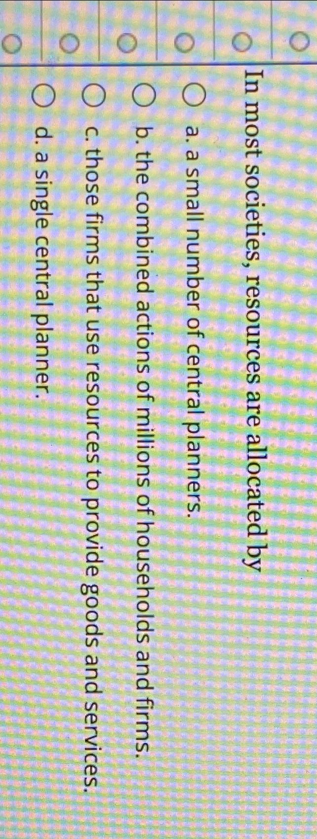 Solved In most societies, resources are allocated bya. ﻿a | Chegg.com