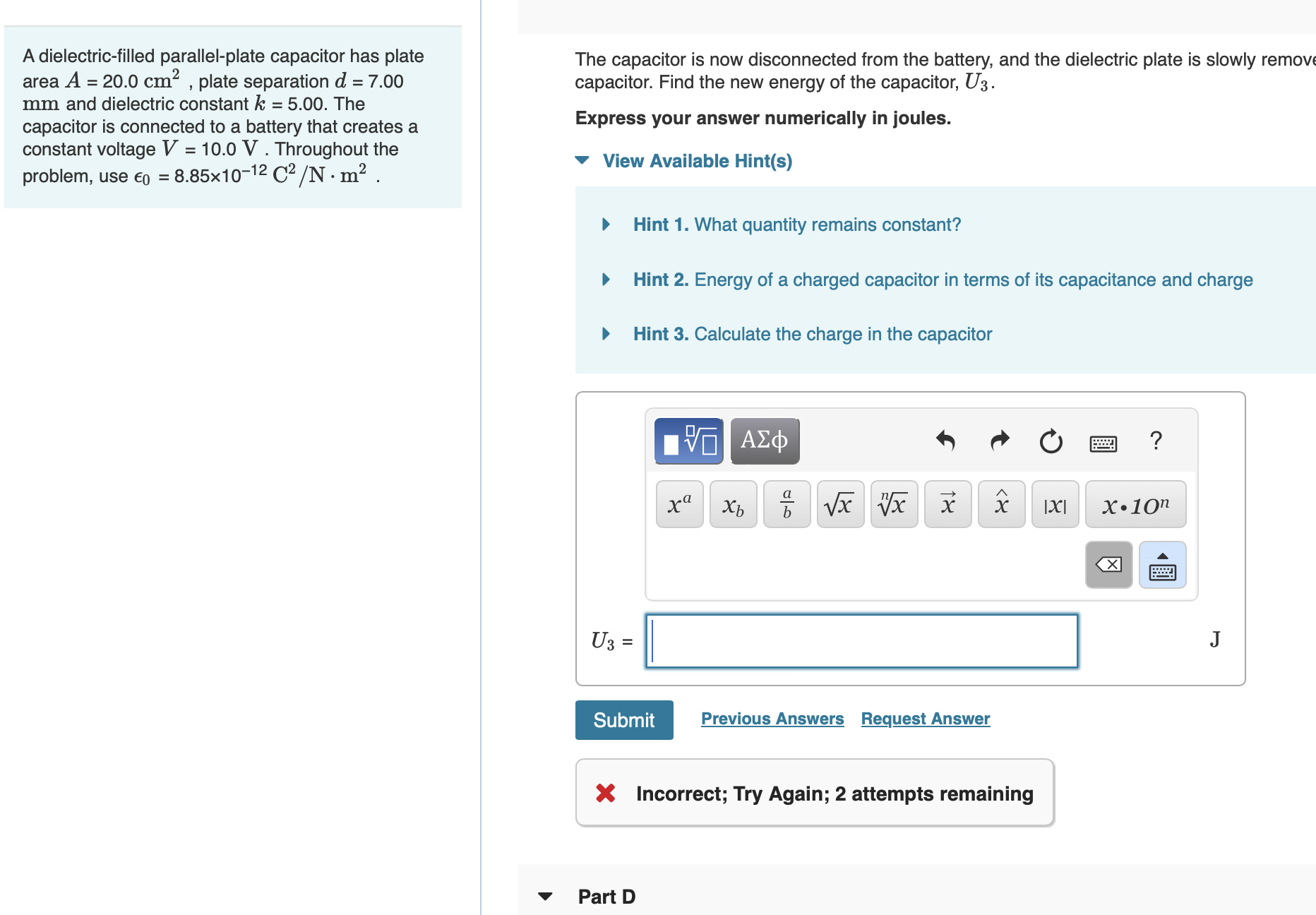 Solved A dielectric-filled parallel-plate capacitor has | Chegg.com