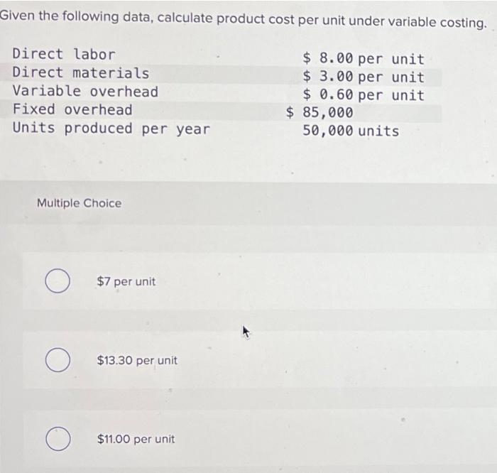 Solved Given the following data, calculate product cost per | Chegg.com