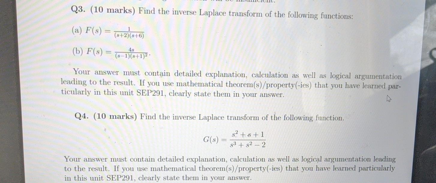 Solved Q3. (10 marks) Find the inverse Laplace transform of | Chegg.com