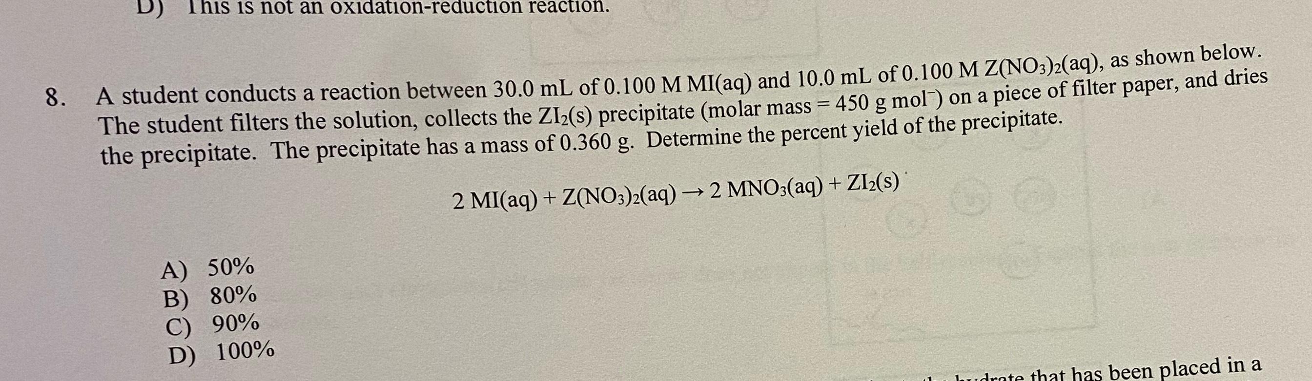 Solved A student conducts a reaction between 30.0mL ﻿of | Chegg.com