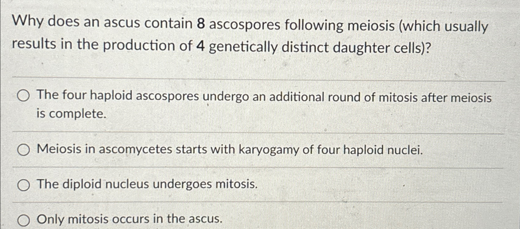 Solved Why does an ascus contain 8 ﻿ascospores following | Chegg.com