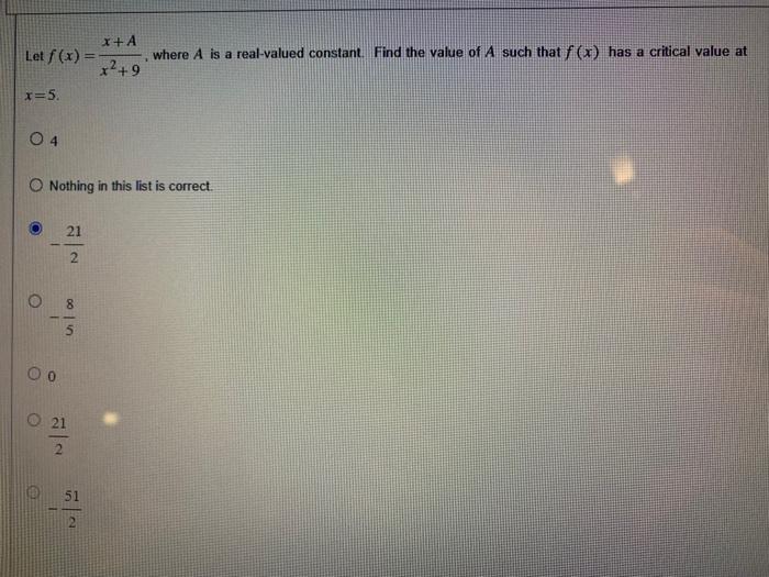 Solved Let f(x)=x2+9x+A, where A is a real-valued constant. | Chegg.com