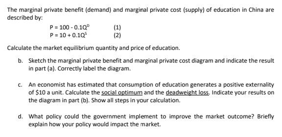 The marginal private benefit (demand) and marginal | Chegg.com