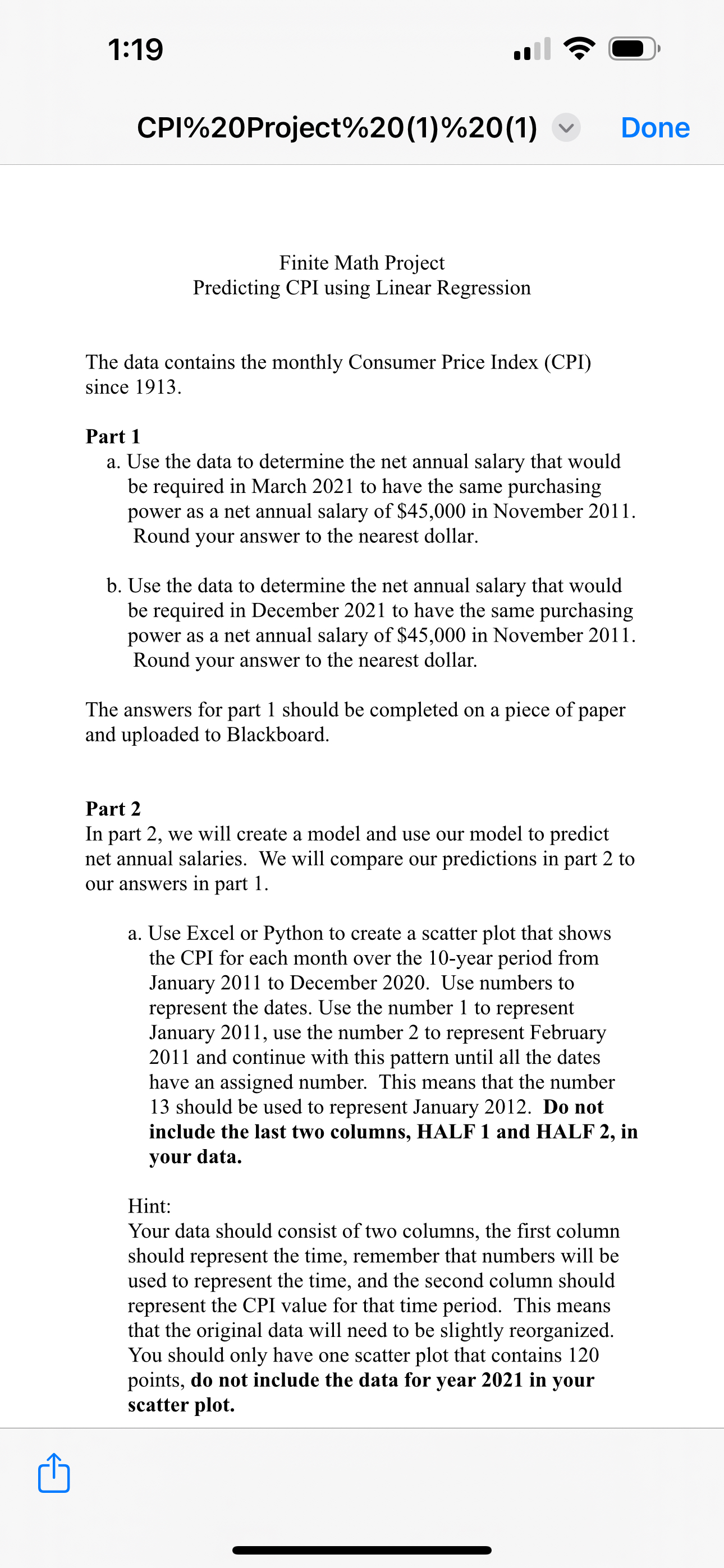 Solved Finite Math ProjectPredicting CPI using Linear | Chegg.com