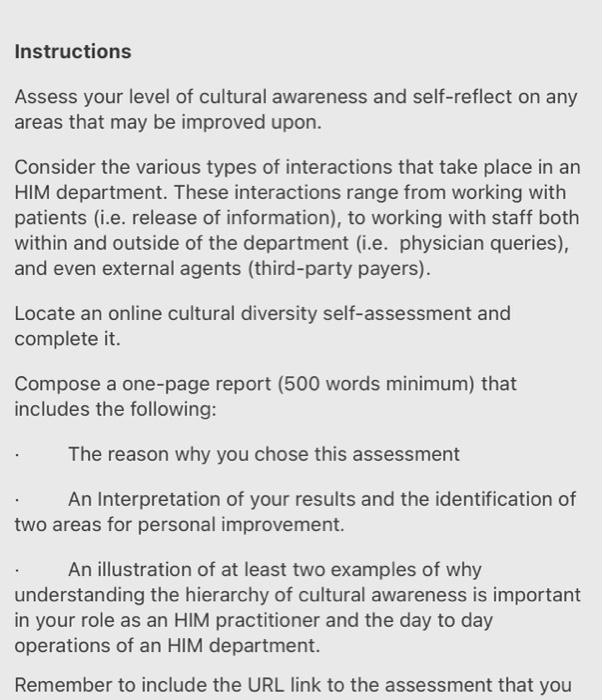 Solved Cultural Awareness Self-assessment Humans have a | Chegg.com