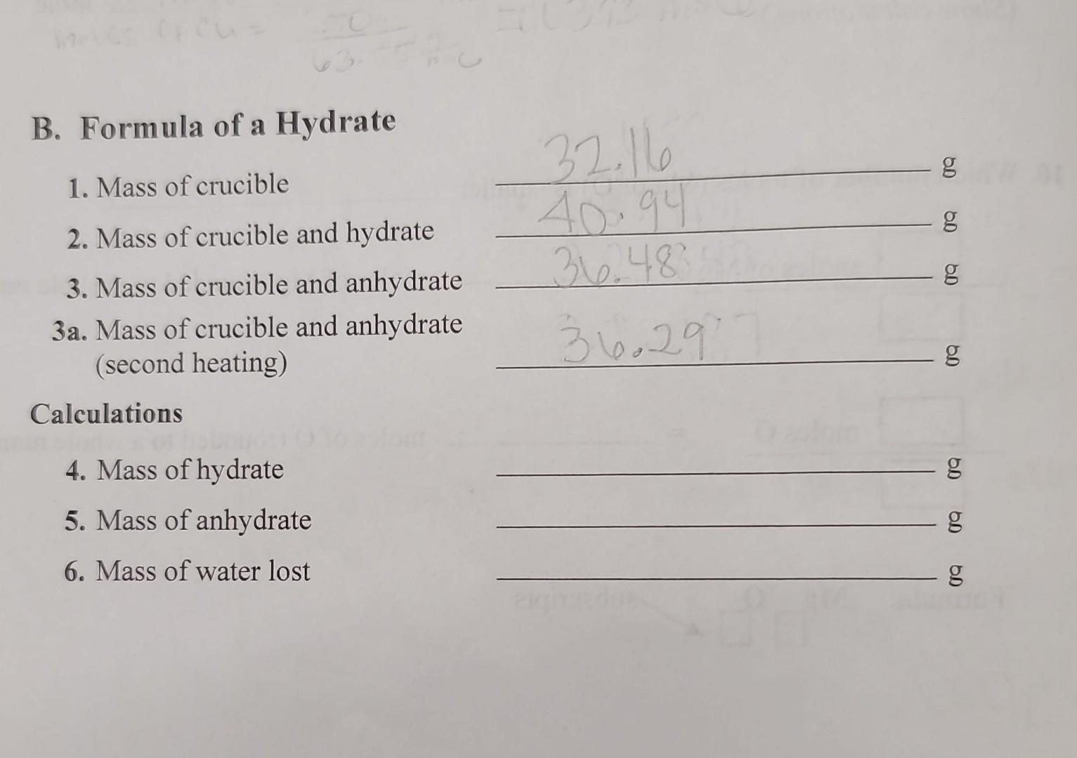 Solved B. Formula of a Hydrate 1. Mass of crucible 2. Mass | Chegg.com