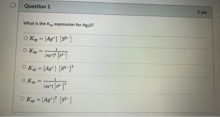 Solved Question 1 1 pts What is the Ksp expression for Ag2S? | Chegg.com