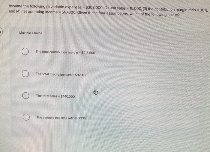 Solved Assume the following (1) variable expenses = | Chegg.com