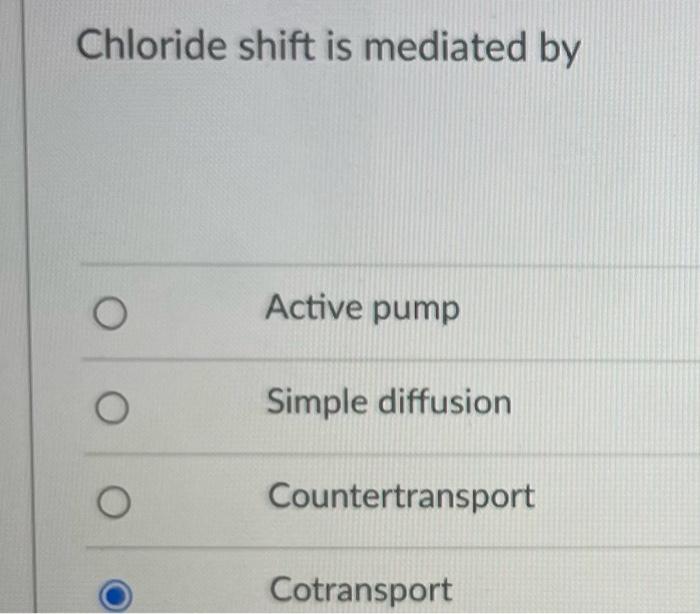 Solved Chloride shift is mediated by O Active pump O Simple | Chegg.com