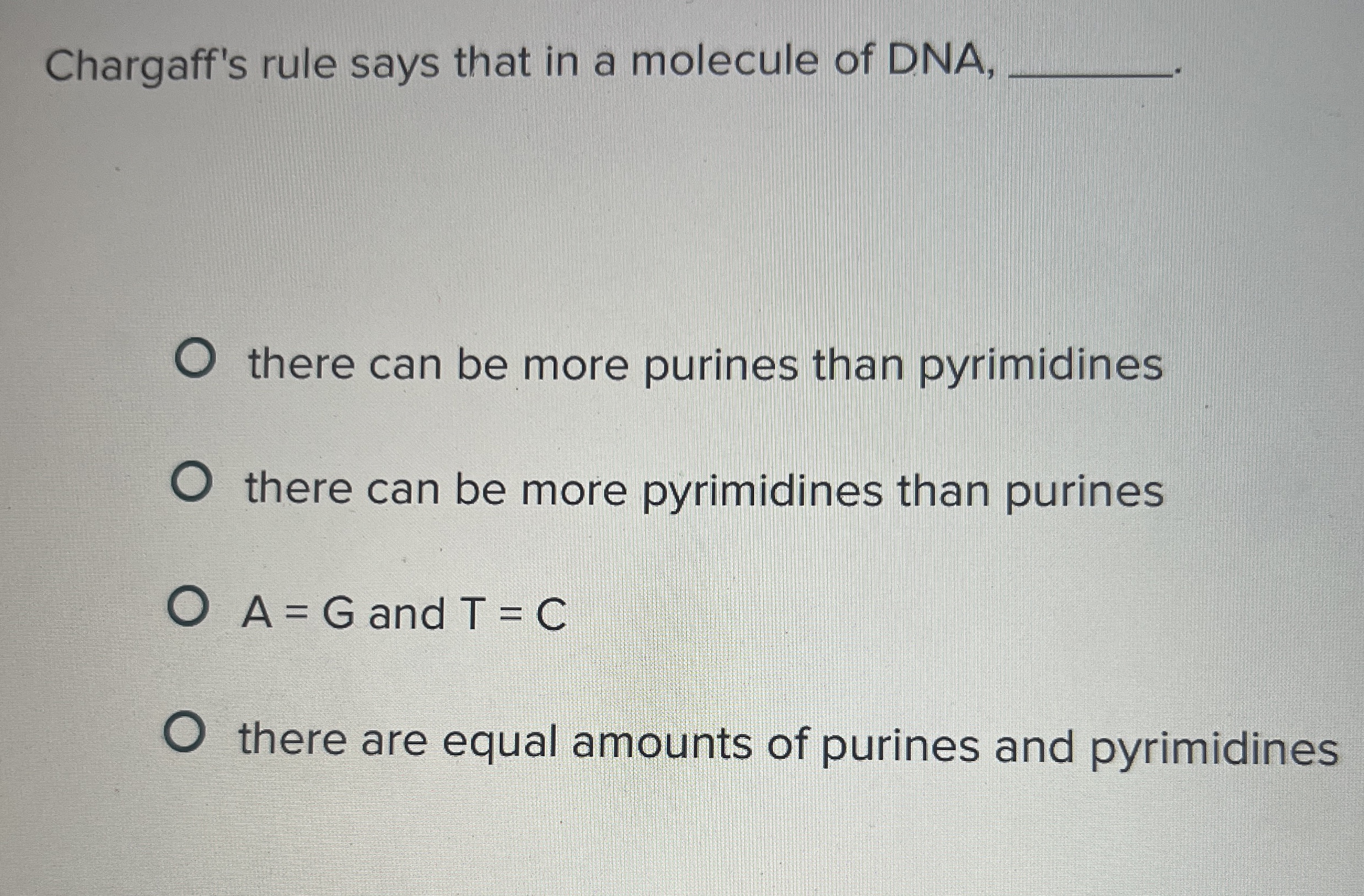 Solved Chargaff's rule says that in a molecule of DNA,there | Chegg.com