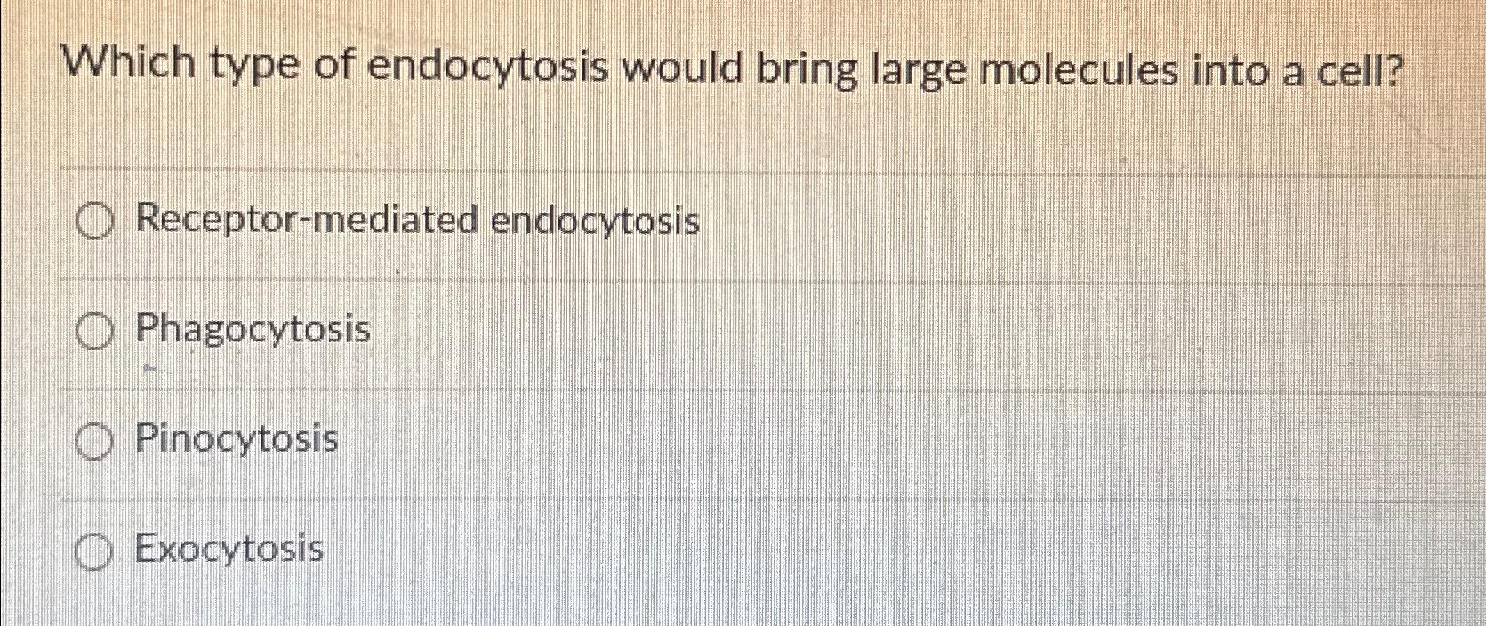 Solved Which type of endocytosis would bring large molecules | Chegg.com