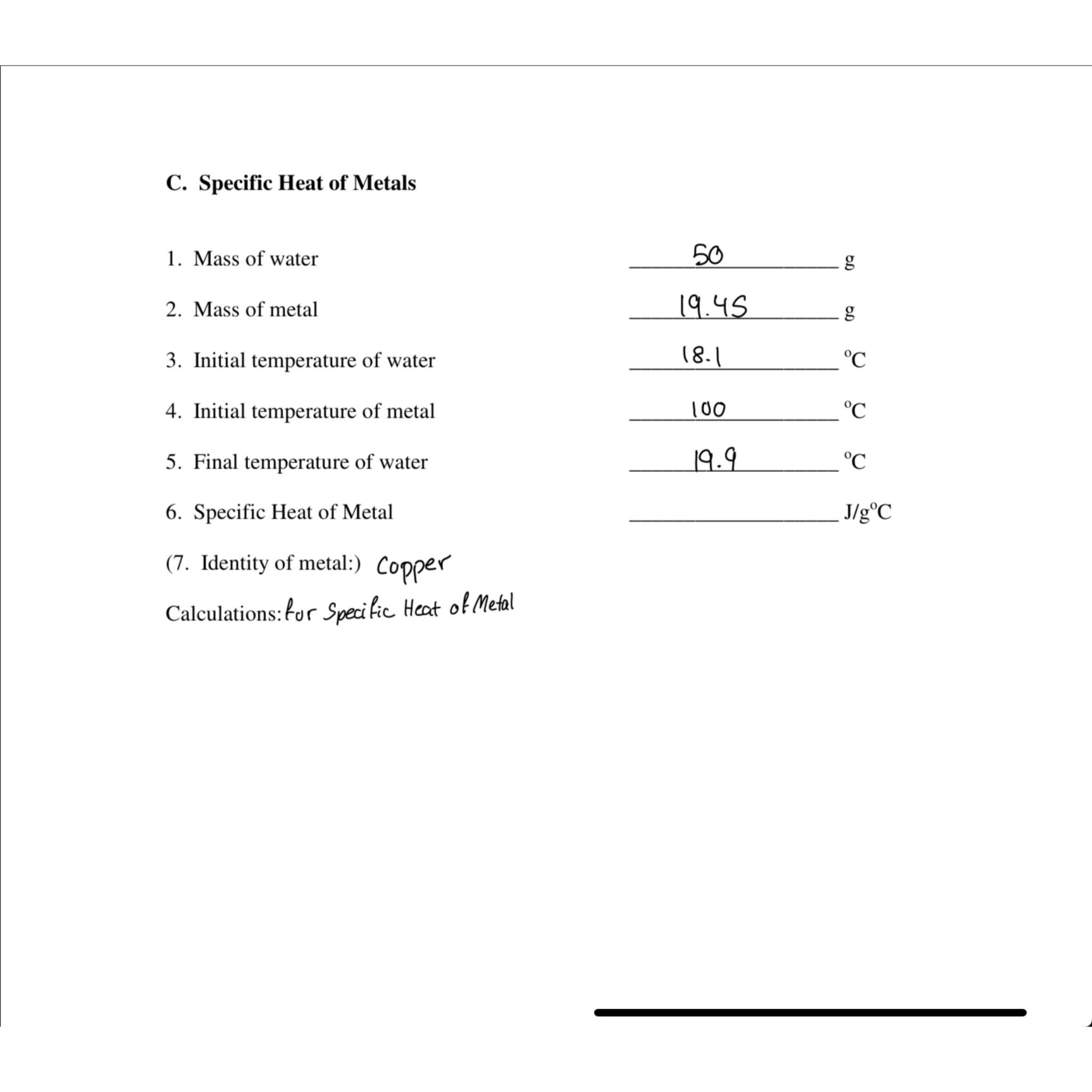 Solved C. ﻿Specific Heat of MetalsMass of waterMass of | Chegg.com
