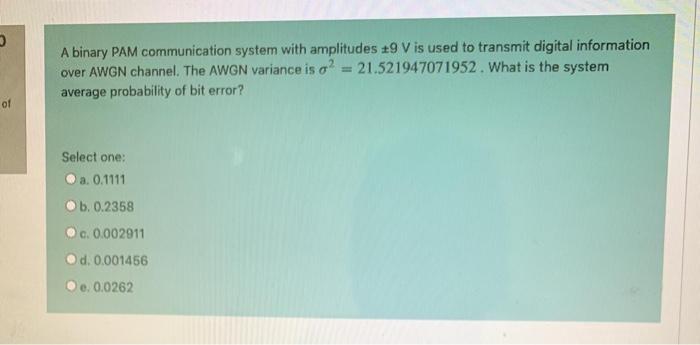 Solved A binary PAM communication system with amplitudes +9 | Chegg.com