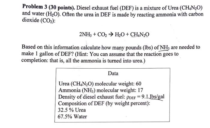 Solved Problem 3 (30 points). Diesel exhaust fuel (DEF) is a | Chegg.com