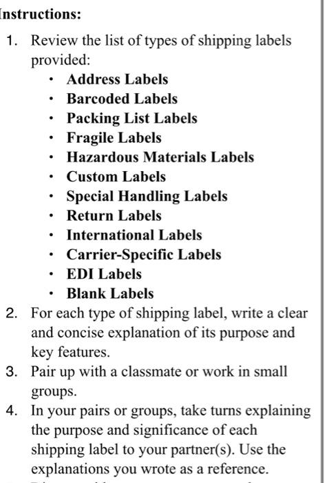 Solved 1. Review the list of types of shipping labels | Chegg.com