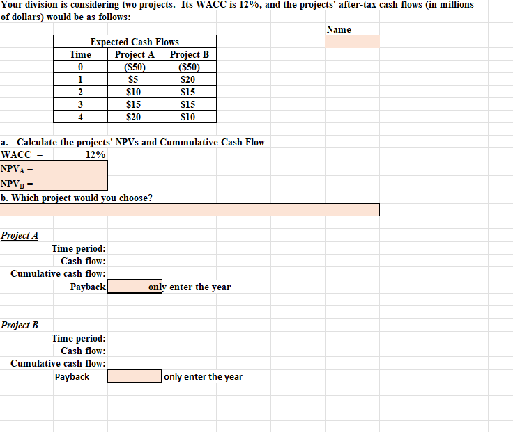 Solved Your division is considering two projects. Its WACC | Chegg.com