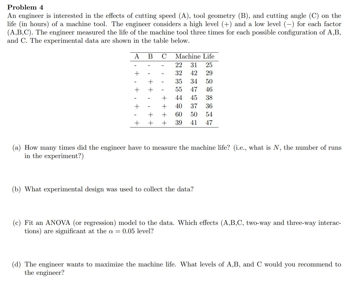 Solved Problem 4An engineer is interested in the effects of | Chegg.com