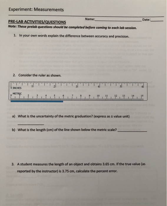 Solved Experiment: Measurements Date: Name: PRE-LAB | Chegg.com