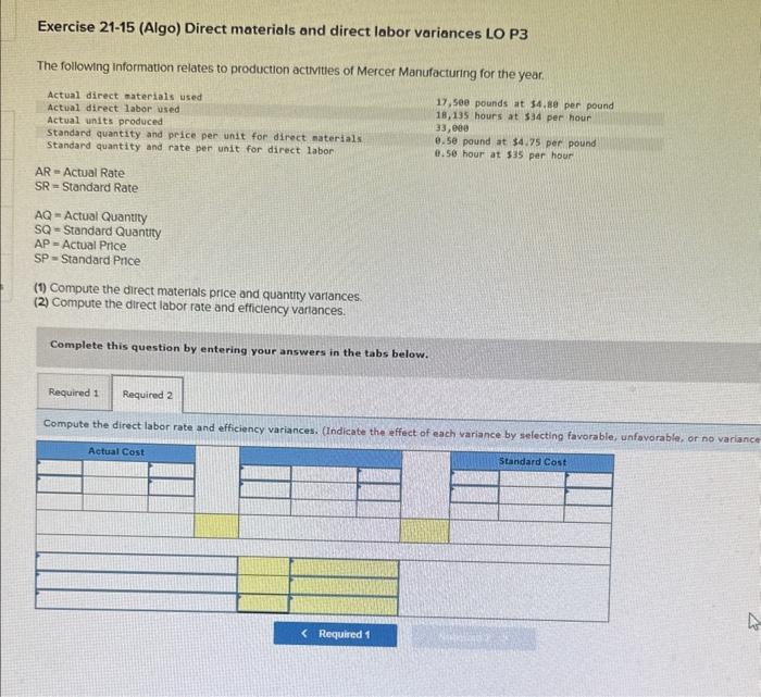 Solved Exercise 21-15 (Algo) Direct materials and direct | Chegg.com