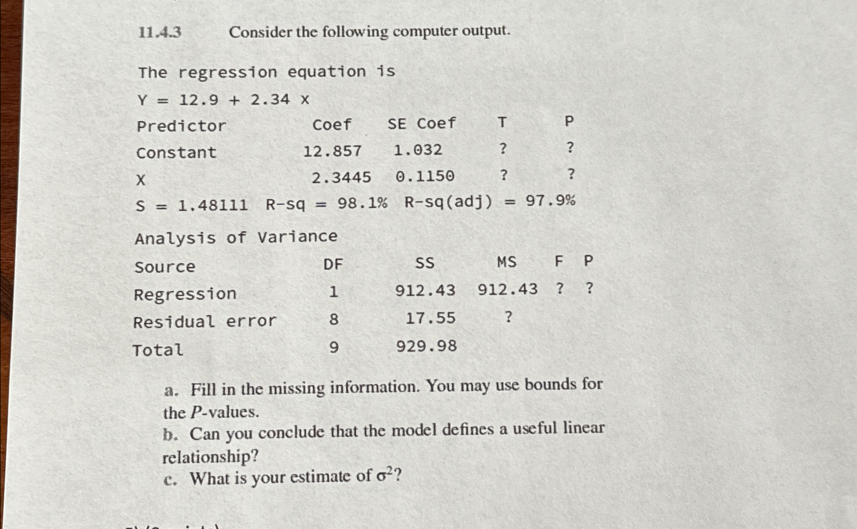 Solved 11.4.3 ﻿Consider the following computer output.The | Chegg.com