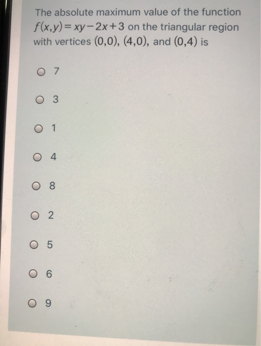 Solved The absolute maximum value of the function f(x,y) = | Chegg.com