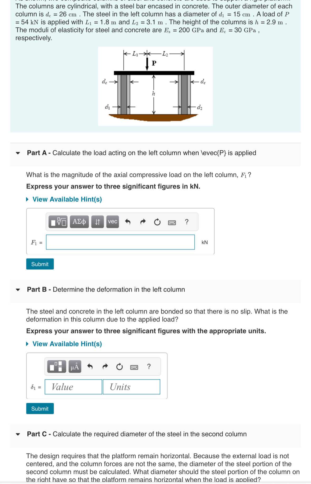 Solved The columns are cylindrical, with a steel bar encased | Chegg.com