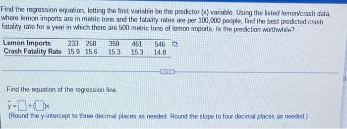 Solved Find the regression equation, letting the first | Chegg.com