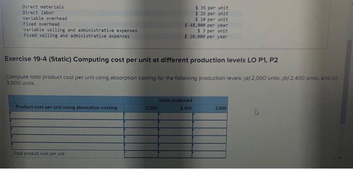 Solved Exercise 19.4 (Static) Computing cost per unit at | Chegg.com