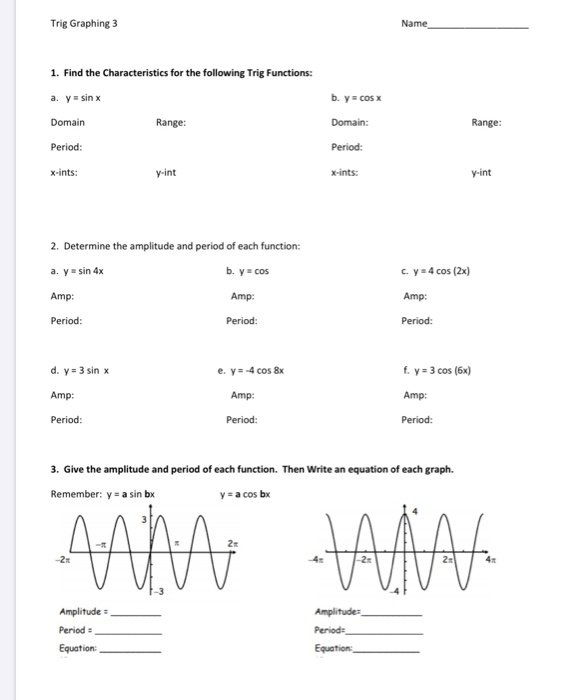 Solved Trig Graphing 3 1. Find the Characteristics for the | Chegg.com