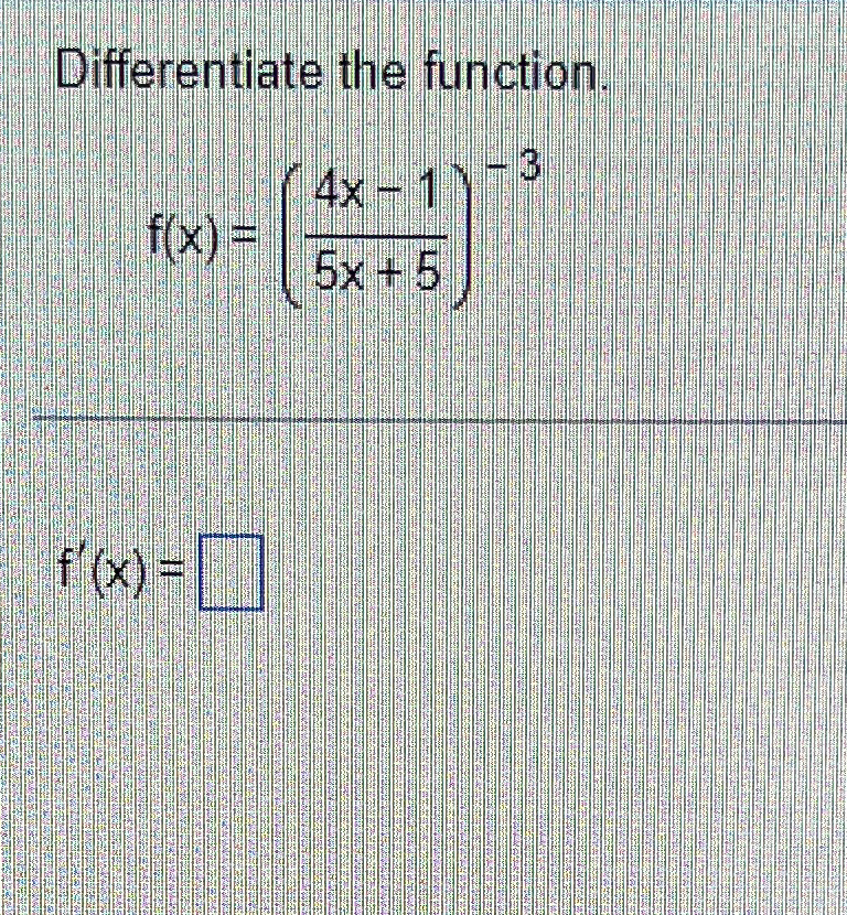 Solved Differentiate the function.f(x)=(4x-15x+5)-3f'(x)= | Chegg.com
