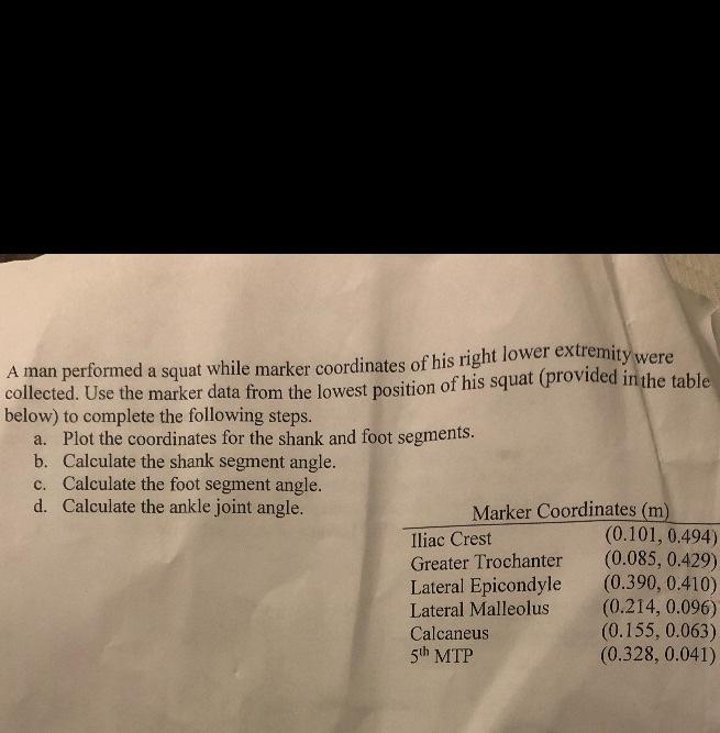 Solved A man performed a squat while marker coordinates of | Chegg.com