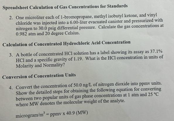 Solved Spreadsheet Calculation of Gas Concentrations for | Chegg.com
