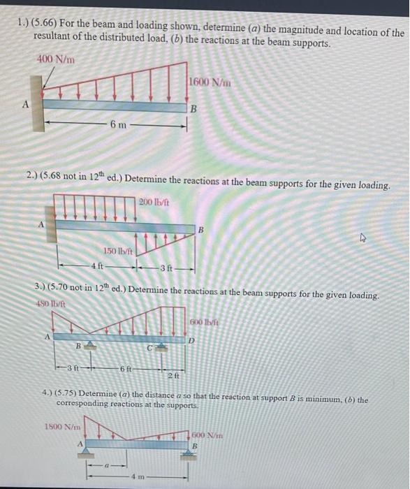 Solved 1.) (5.66) For the beam and loading shown, determine | Chegg.com