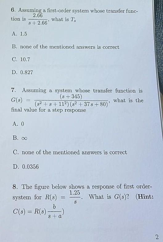 Solved 6. Assuming a first-order system whose transfer | Chegg.com