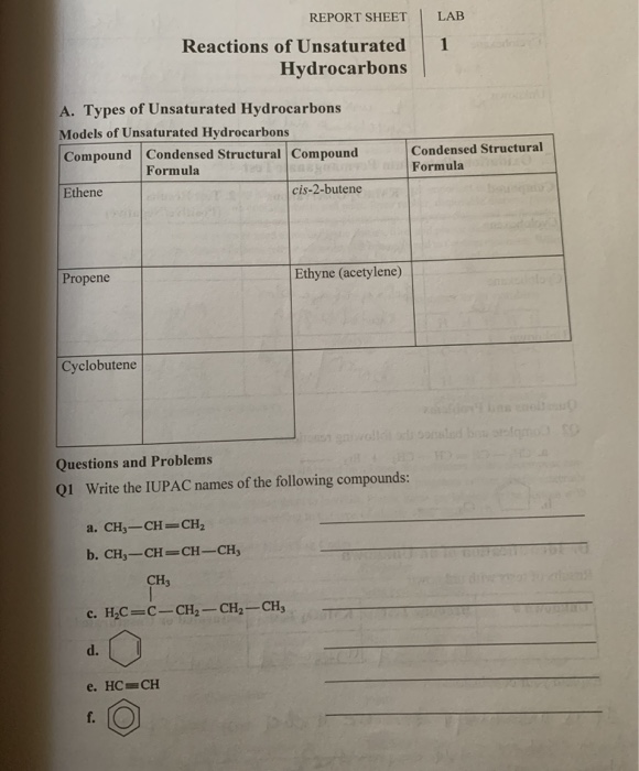 Solved REPORT SHEET LAB 1 Reactions of Unsaturated | Chegg.com