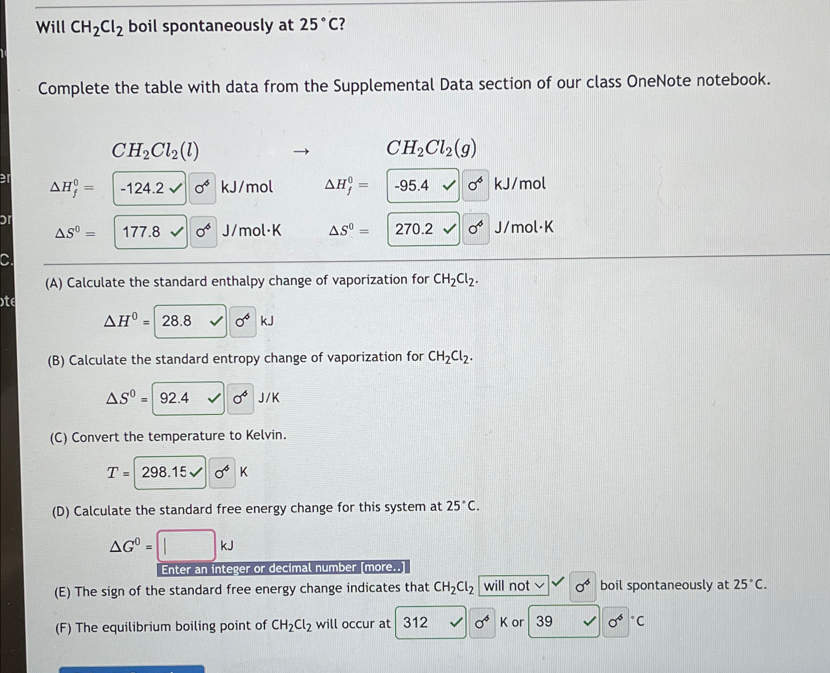 Solved Will CH2Cl2 ﻿boil spontaneously at 25°C ?Complete the | Chegg.com
