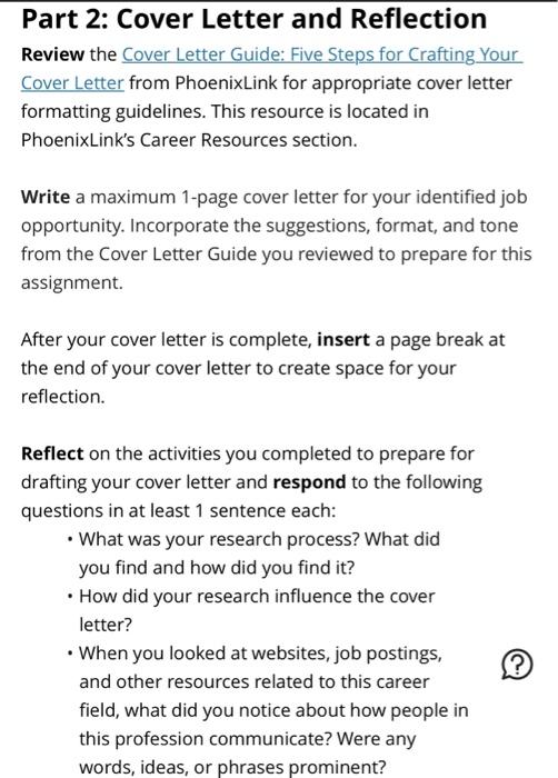 Solved For this assignment, you will create a cover letter | Chegg.com