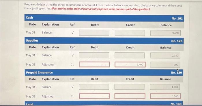 Prepare a ledger using the three-column form of | Chegg.com