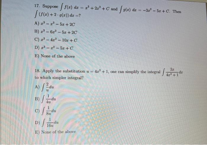 Solved 17. Suppose ∫f(x)dx=x3+2x2+C and ∫g(x)dx=−3x2−5x+C. | Chegg.com