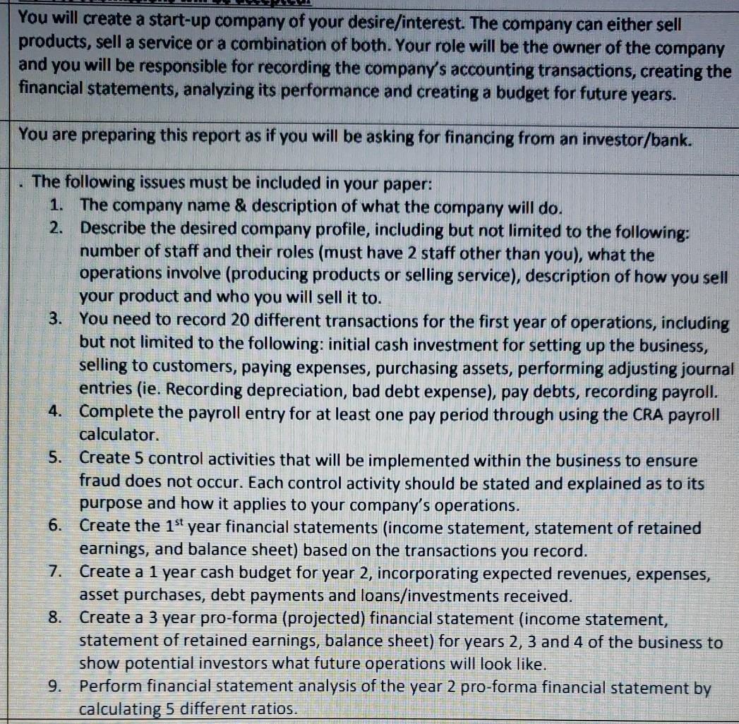 Solved You will create a start-up company of your | Chegg.com